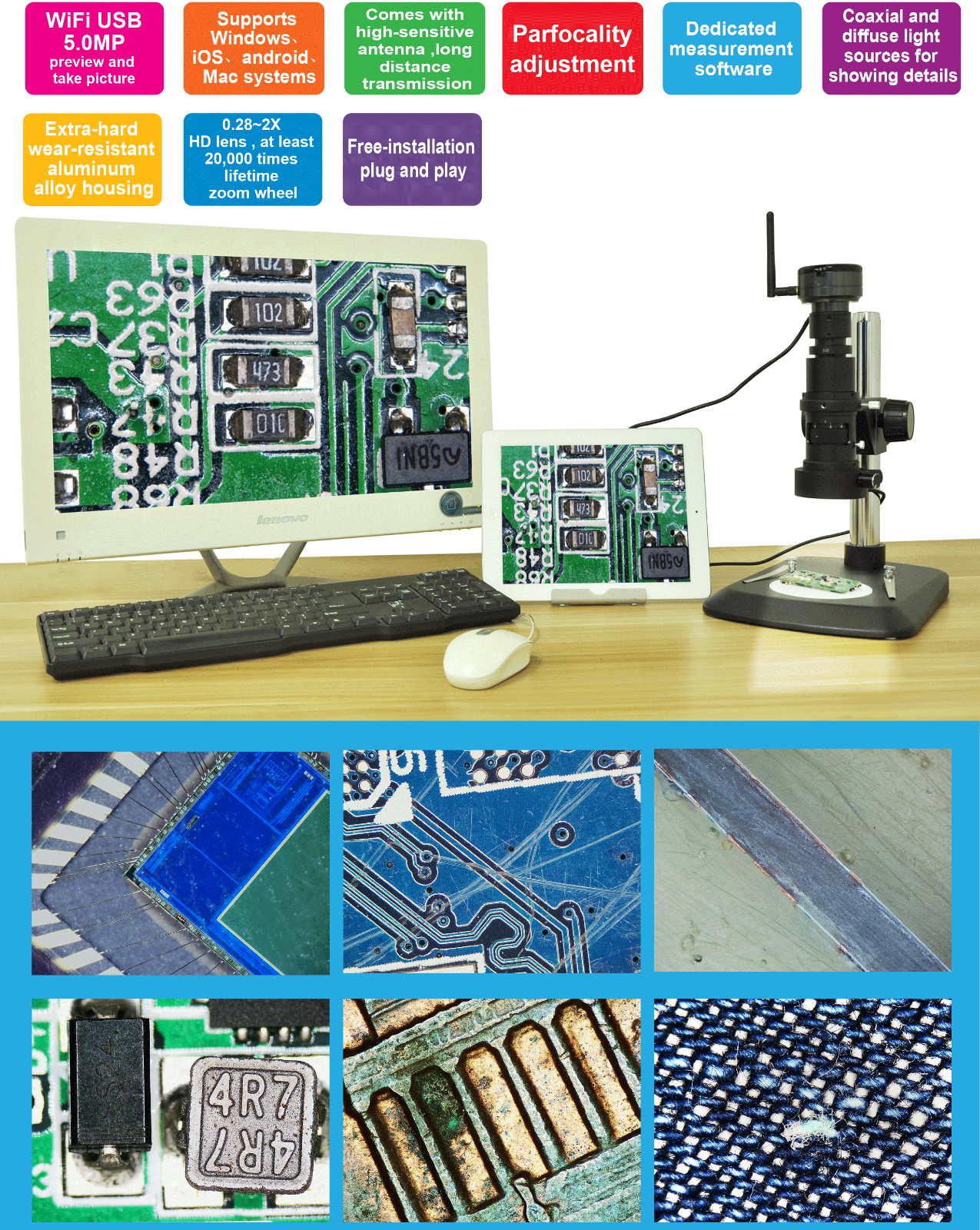 400X Measuring Digital Microscope, Self-Broadcast Wifi, Large Aperture ...